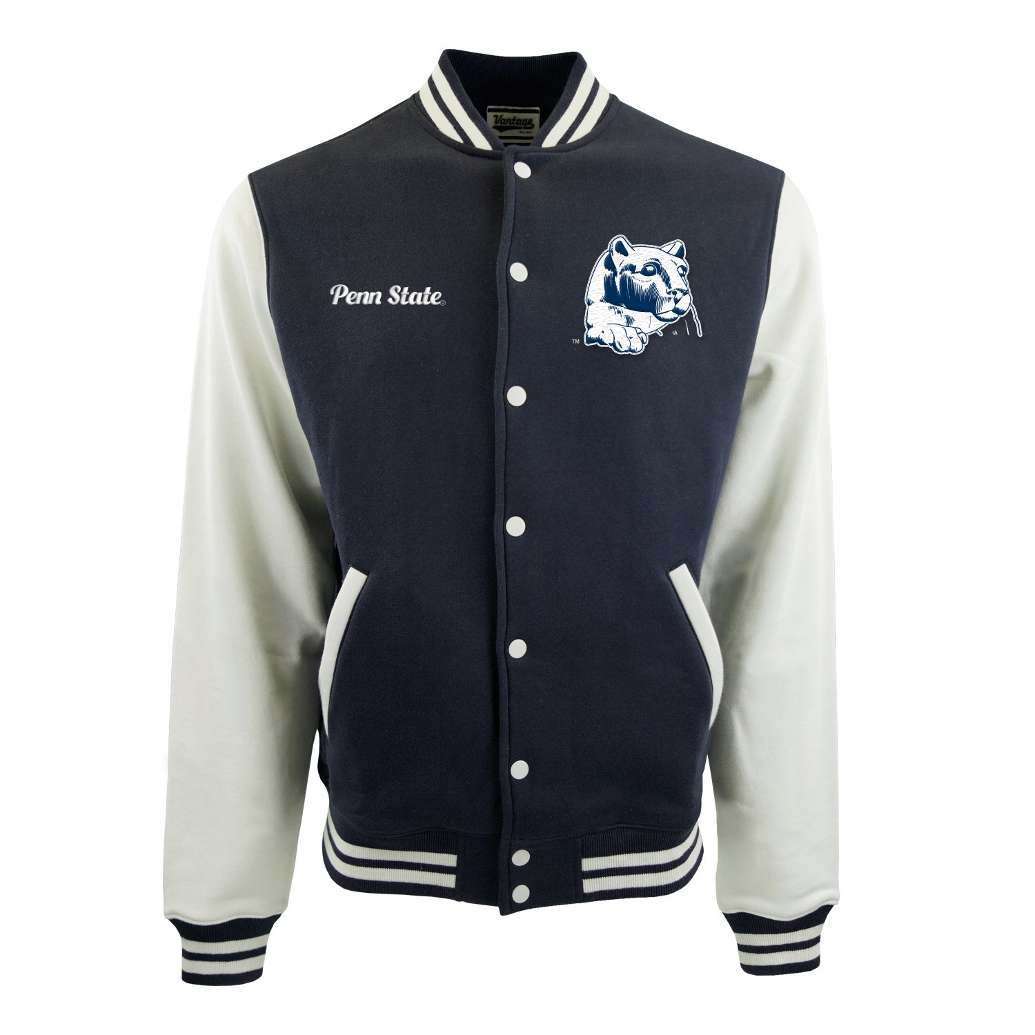 Vantage Navy Penn State Lion Statue Head Varsity Jacket-Men’s ...
